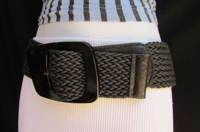 WOMEN HIP WAIST BIG SQUARE BUCKLE BLACK BRAIDED FABRIC URBAN FASHION ...