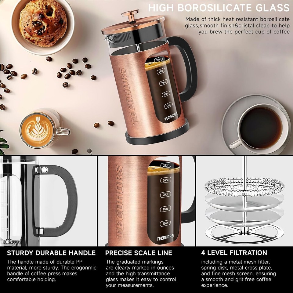 French Press Coffee Maker Glass Stainless Steel 34oz Large Copper ...
