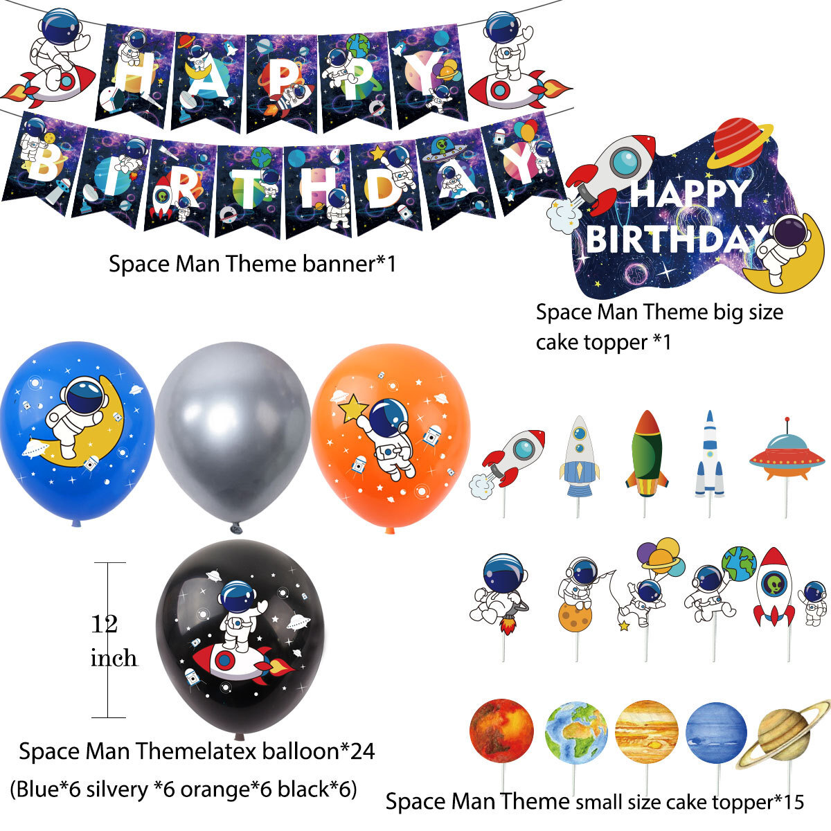 Colorful Astronaut Roet Space Theme Kids Birthday Party Decoration Set ...