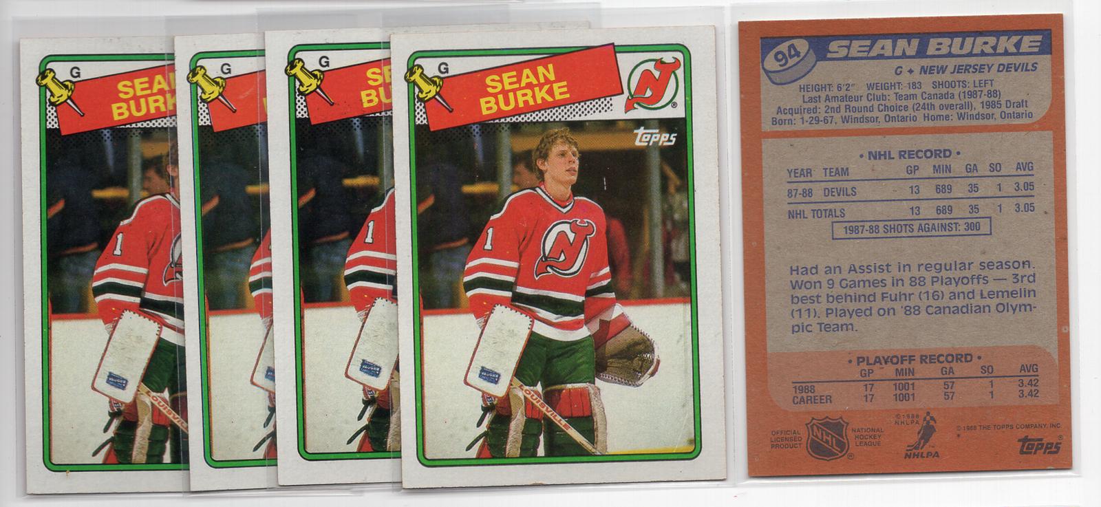 1X SEAN BURKE 1988 89 Topps #94 RC Rookie NM-NMMT New Jersey DEVILS NJ ...