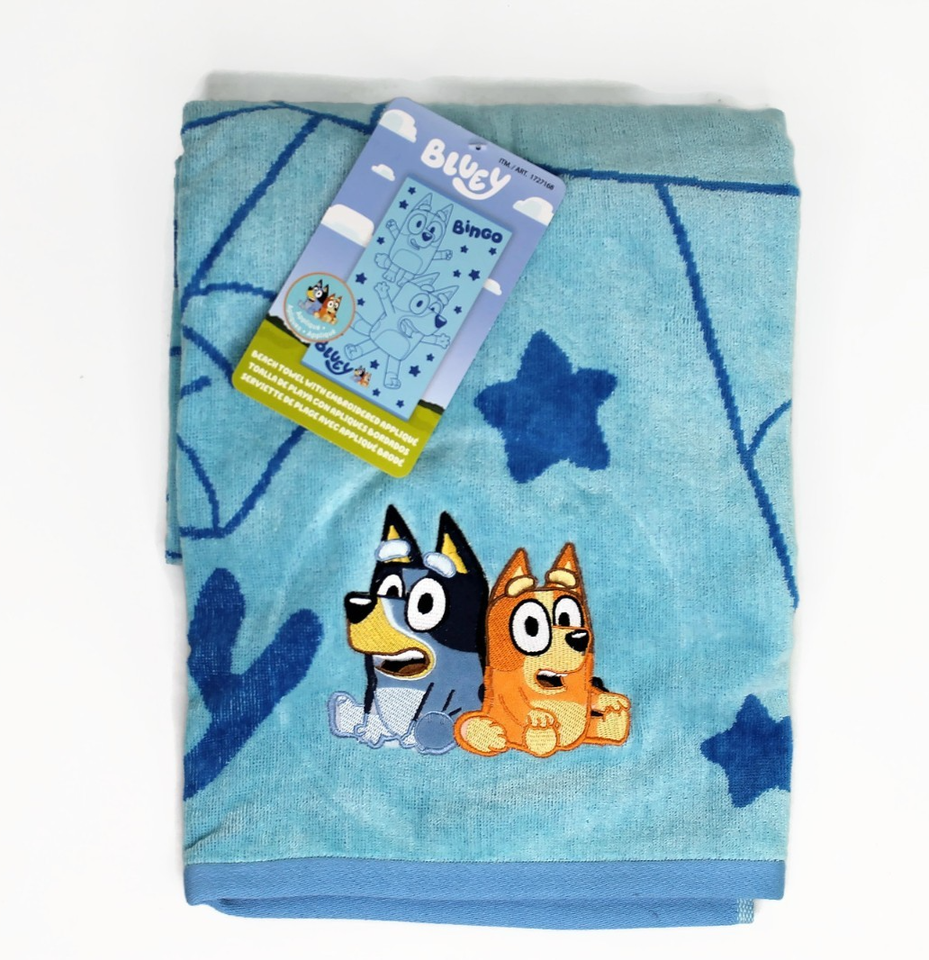 Bingo Bluey Kids Blue Embroidered Beach Towel - 63" x 34" - 100% Cotton ...
