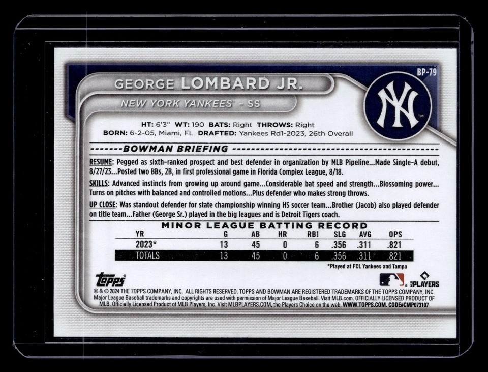 George Lombard Jr. 2024 1st Bowman Prospect Rookie RC #BP-79 Yankees ...