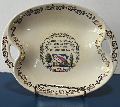 “Bless This House" Oval Serving Plate Gold Floral Trim Vintage Platter ...