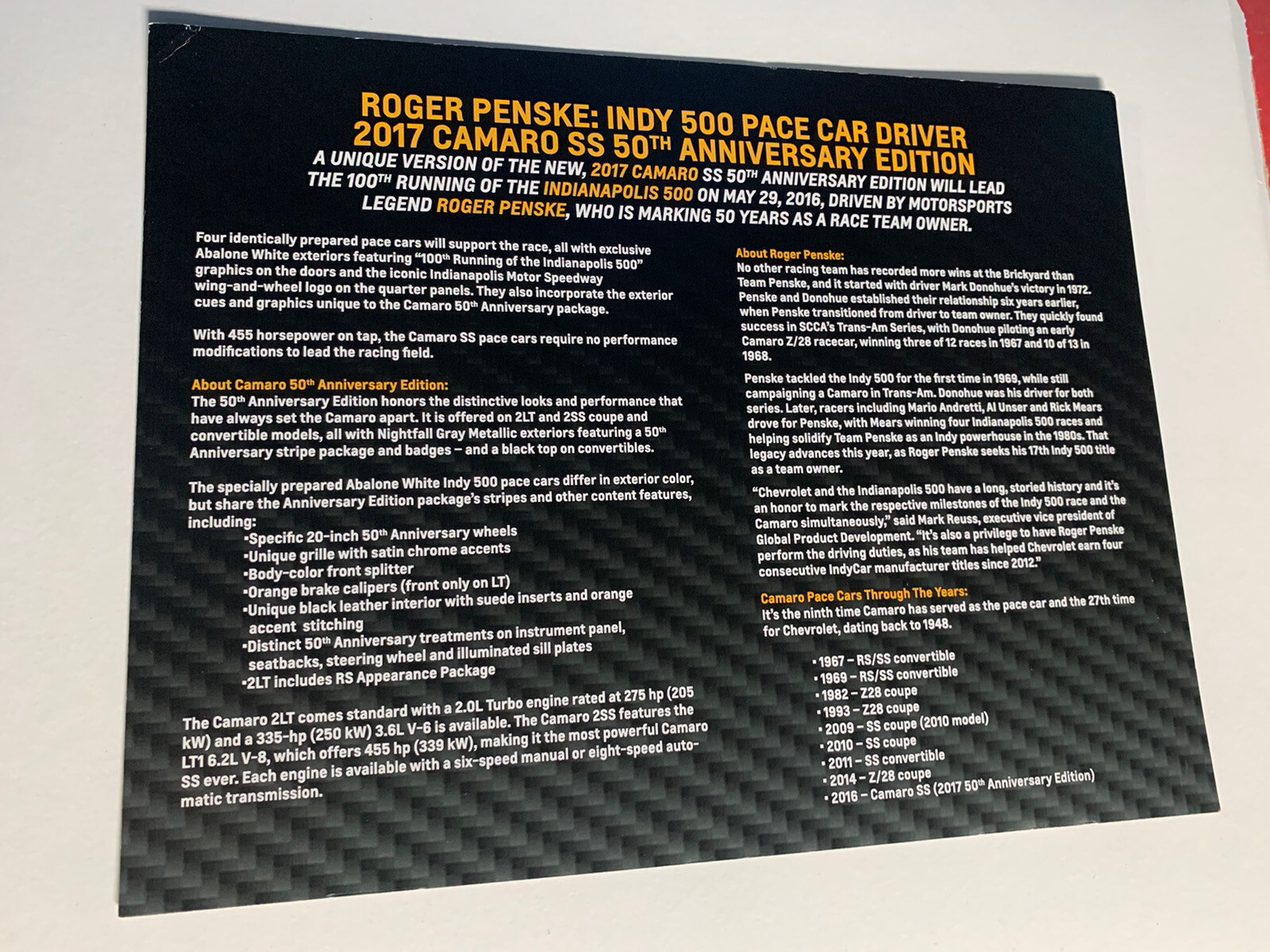 Roger Penske Signed Indianapolis Indy 500 Autographed 2016 Pace Car ...