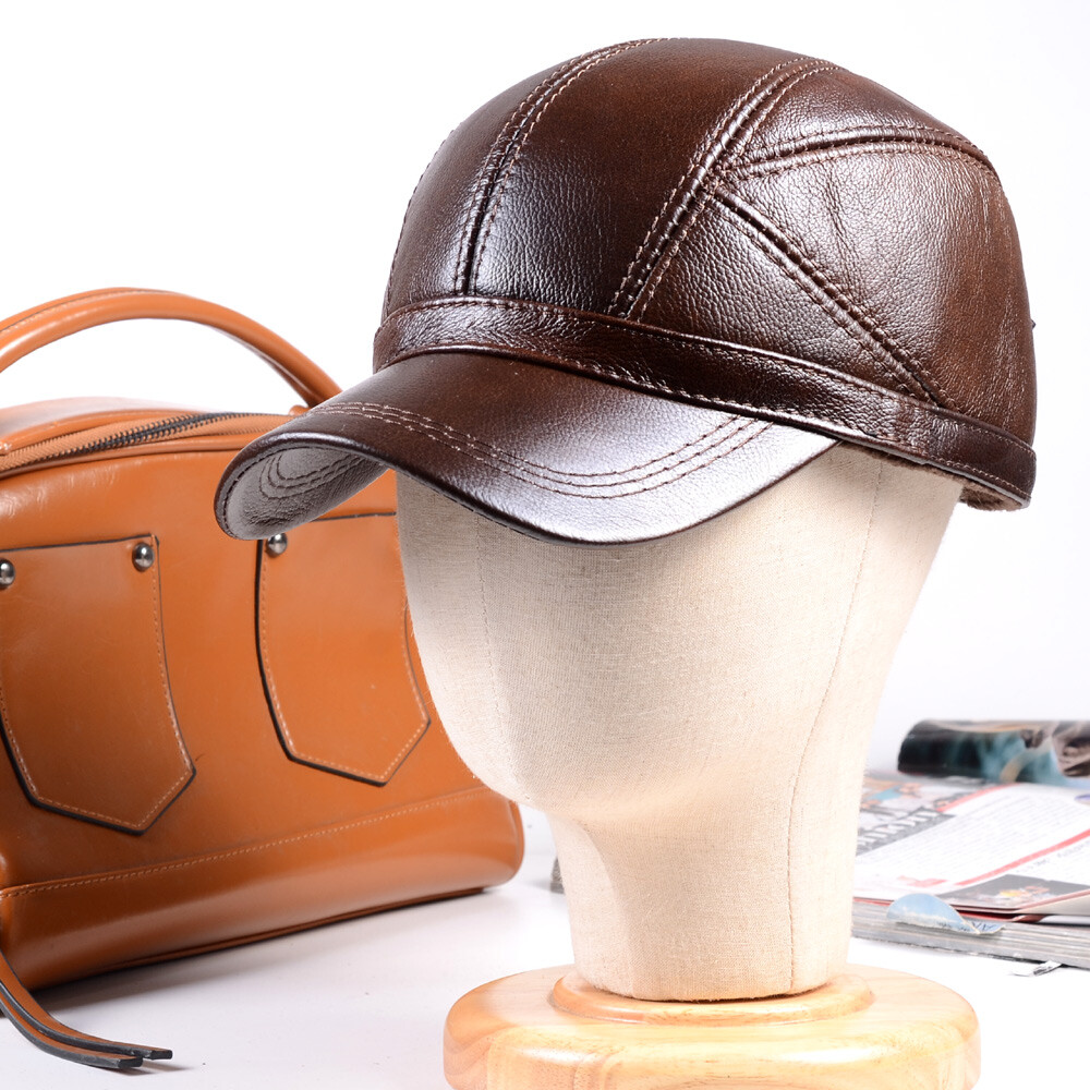 Men's Real Leather Winter Warm Ear Flap Cowhide Baseball Cap Army Golf ...