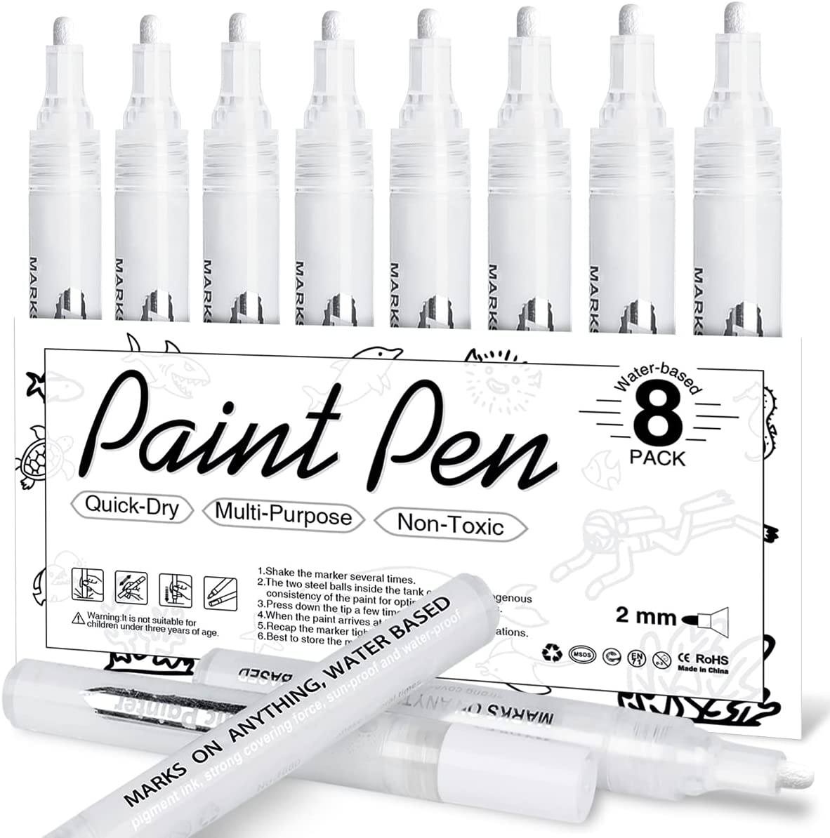White Paint Pen for Art- 8 Pack Acrylic White Paint Markers 2-3Mm ...