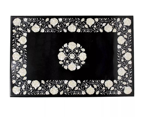 Rectangle Black Marble Dining Table Top MOP Stone Handmade Art Luxury ...