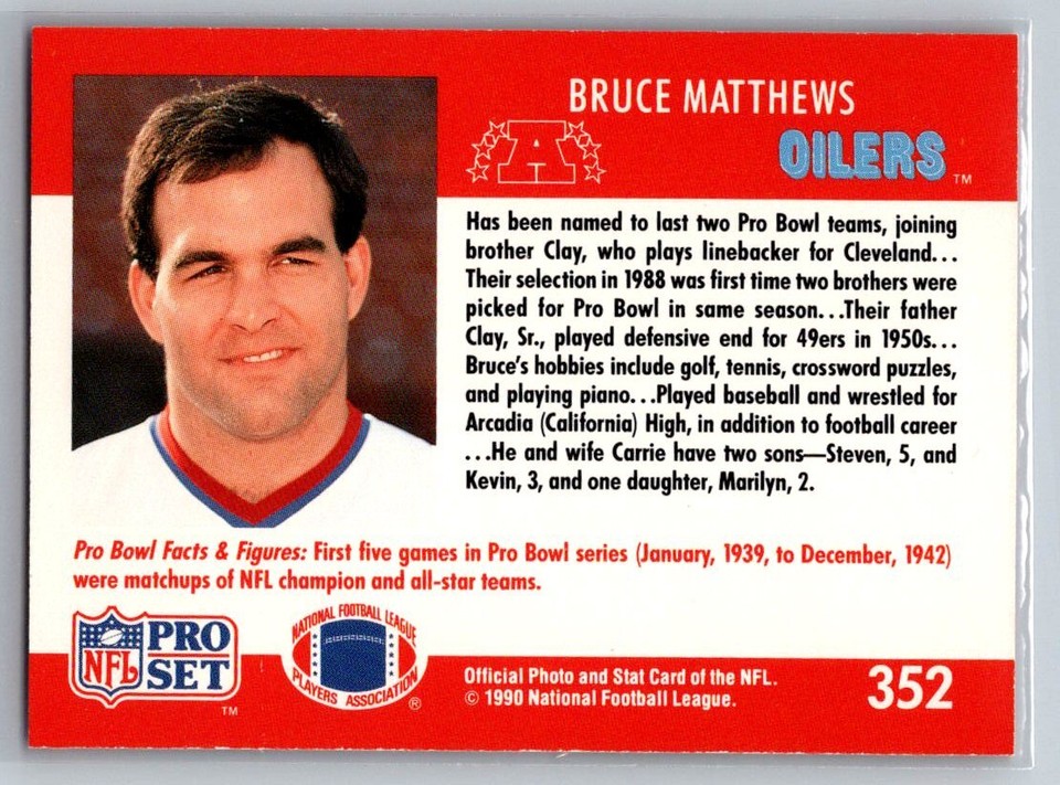 1990 Pro Set PRO BOWL #352 Bruce Matthews Houston Oilers Football Card ...