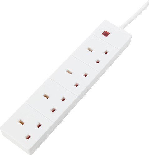 4 Way Gang Mains Extension Power Strip White with Neon Power Indicator ...