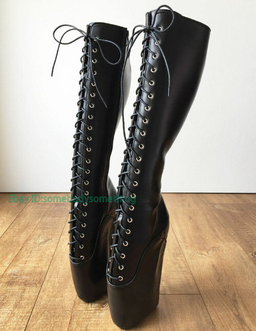 Womens 18cm High Heels Knee High Boots Lace Up Heelless Ballet Boots ...
