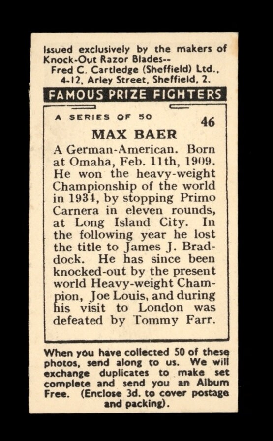 1938 F.C. Cartledge Famous Prize Fighters Set-Break # 46 Max Baer EX ...