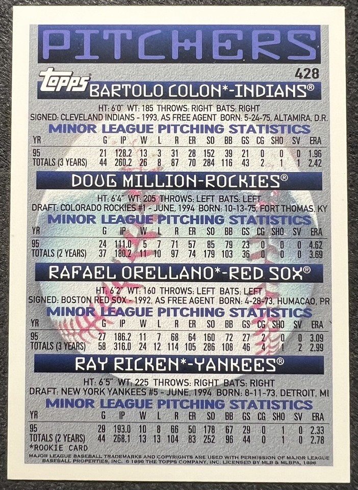 1996 TOPPS PROSPECTS BARTOLO COLON (INDIANS) ROOKIE CARD #428 NM/MT | eBay