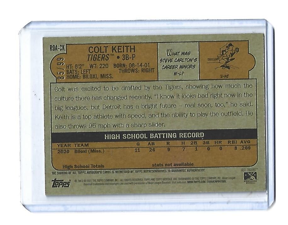 COLT KEITH 2021 Topps Heritage Minors REAL ONE BLUE AUTOGRAPH /99 ...