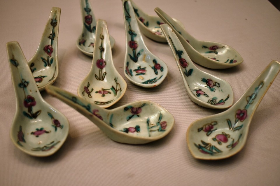 Antique Chinese Spoons Porcelain Soup Late Qing Period Famille Rose 10P ...