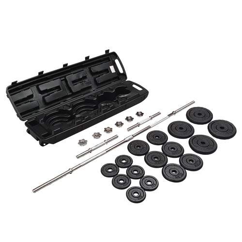 50KG Dumbbell & Barbell Weight Set Cast Iron Carry Case Body Building ...