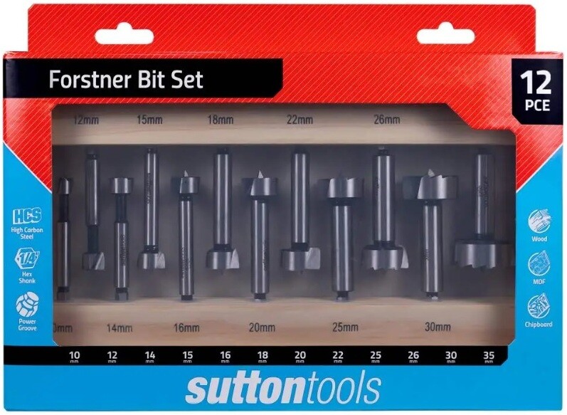 SUTTON TOOLS 12pce 10-35mm HCS TIMBER / WOOD FORSTNER BIT SET IN WOODEN ...