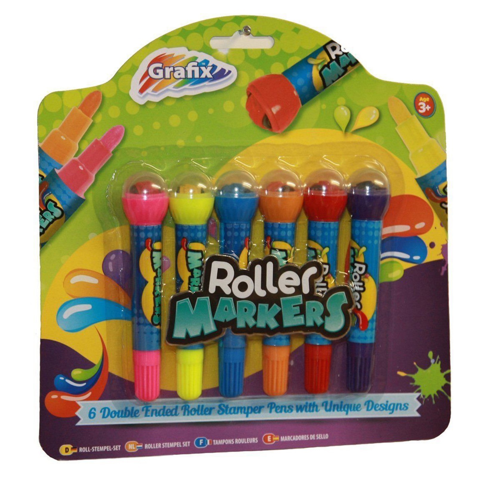 6 Roller Stamper Marker Pens Double Ended Fibre Tips Stamps Colouring ...