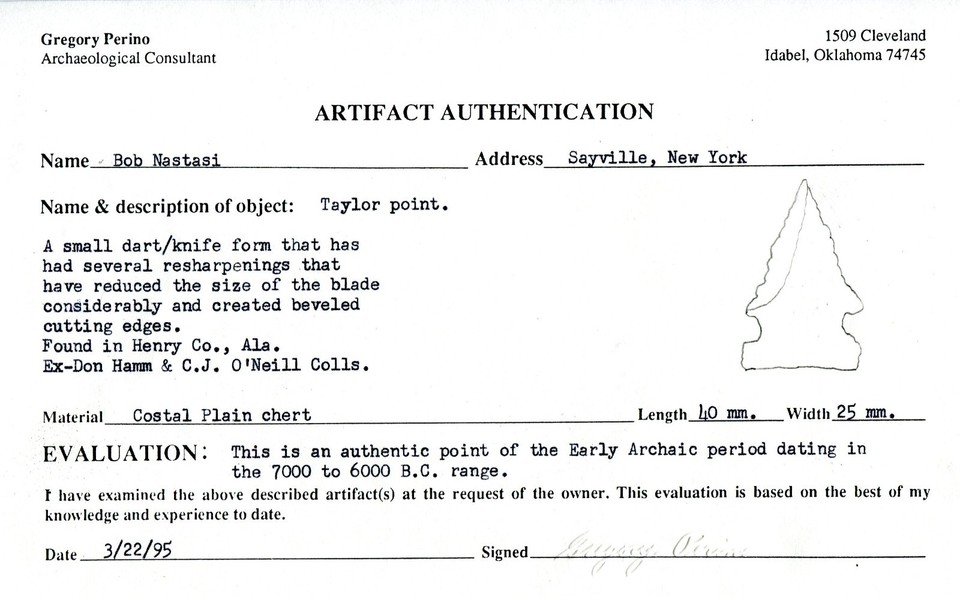 FINE TAYLOR SIDE-NOTCHED POINT - HENRY COUNTY, ALABAMA - GREG PERINO ...