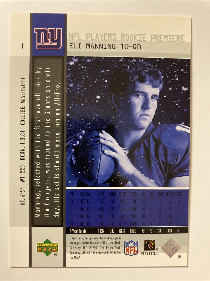 Eli Manning 2004 Upper Deck NFL Players Rookie Premiere Rookie Card #1 ...