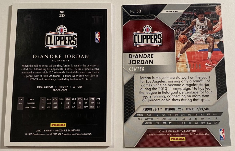 DeAndre Jordan 2017 Panini Impeccable Silver /49 & 2016-17 Prizm Blue ...