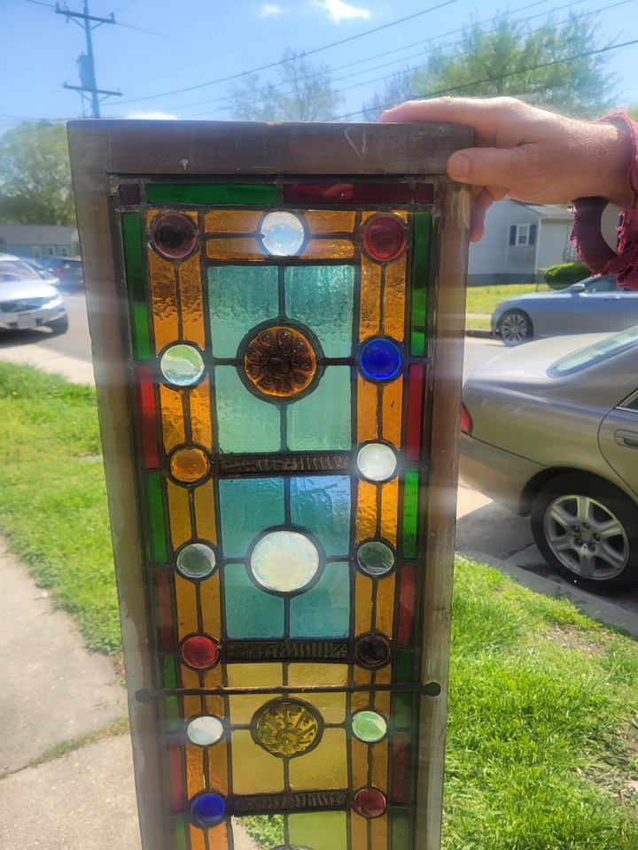 1 c.1870 Antique American Stained Glass Transom Window, w 32 roundels 7 ...