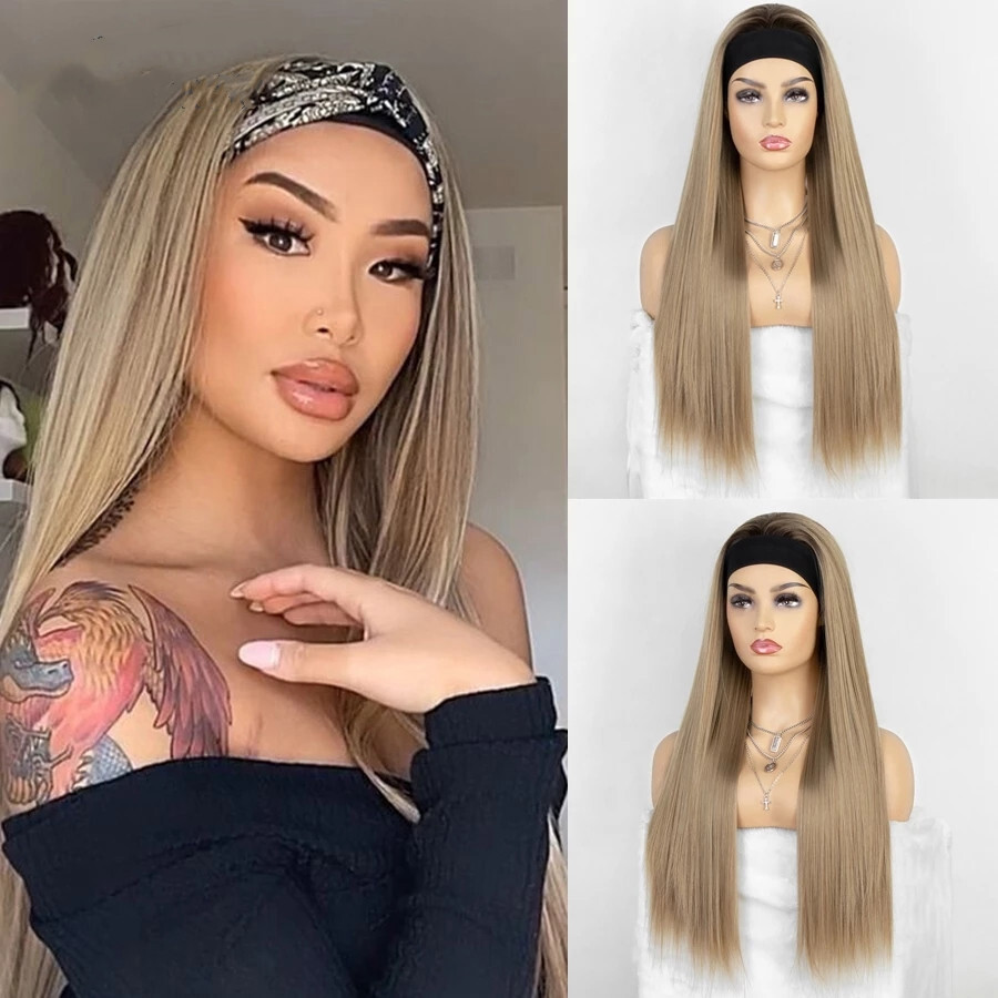 Long Honey Blonde Ash Brown Silky Straight Synthetic Hair Headband Wigs ...