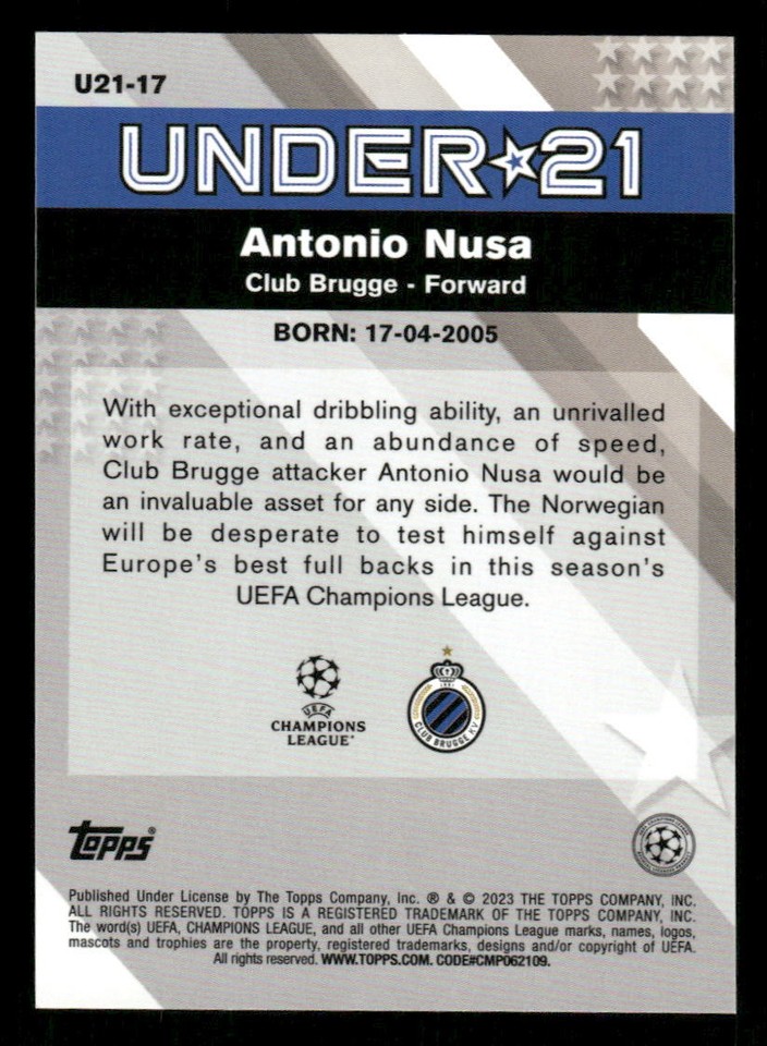 2022-23 Merlin Chrome UEFA Club Competitions Antonio Nusa U21 Stars # ...
