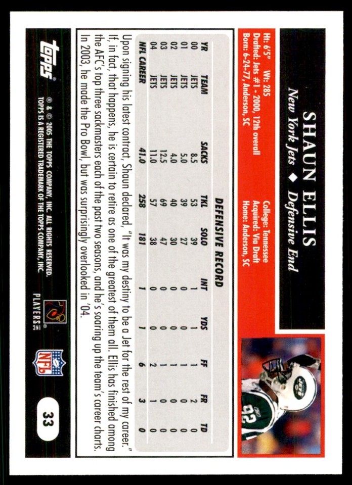 2005 TOPPS SHAUN ELLIS NEW YORK JETS #33 | eBay