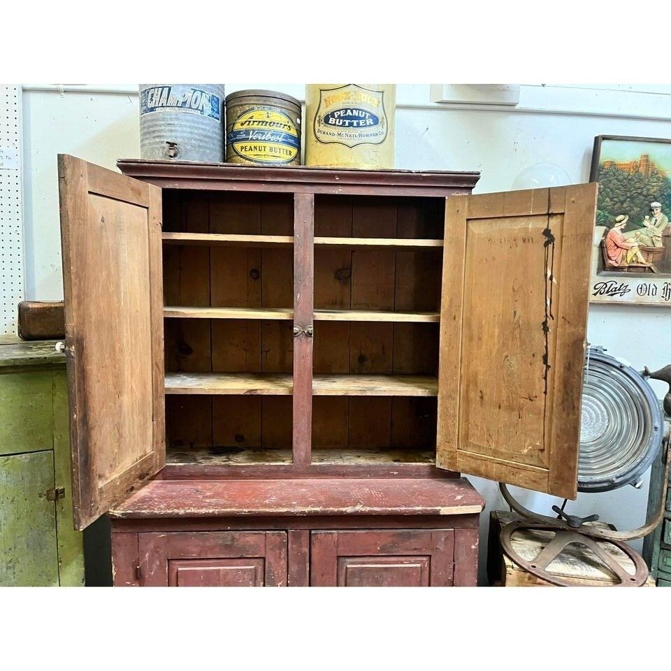 Antique Primitive Red Wooden Stepback Hutch Pantry Cupboard 19th ...