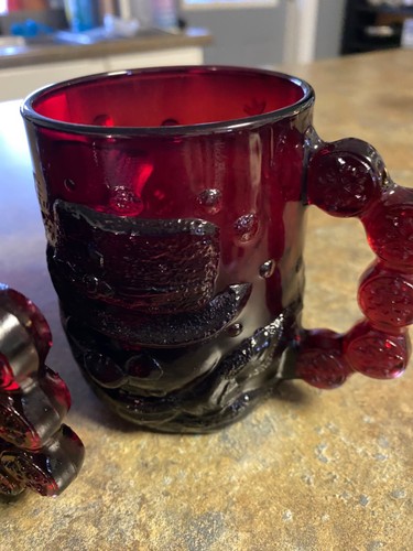Vintage Ruby Red Snowman Glass Mug/Cup Arcoroc France 3D Face ...