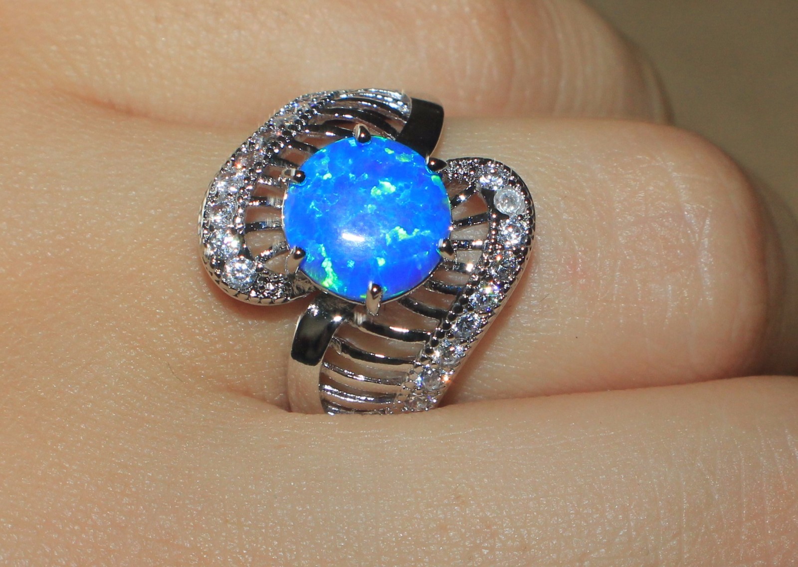 blue fire opal Cz ring gemstone silver jewelry Sz 6 engagement cocktail ...
