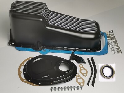 58-79 SBC Small Block Chevy Fin Black Aluminum Oil Pan Gasket & Timing ...
