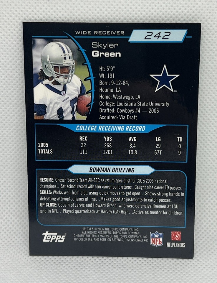 SKYLER GREEN 2006 Bowman Chrome Refractor card #242 Rookie Rc DALLAS ...