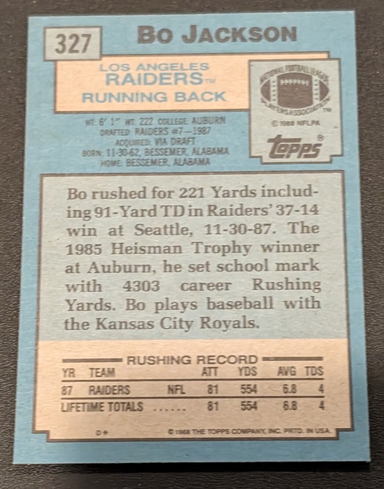 1988 Topps #327 Bo Jackson Super Rookie Card Raiders RC | eBay