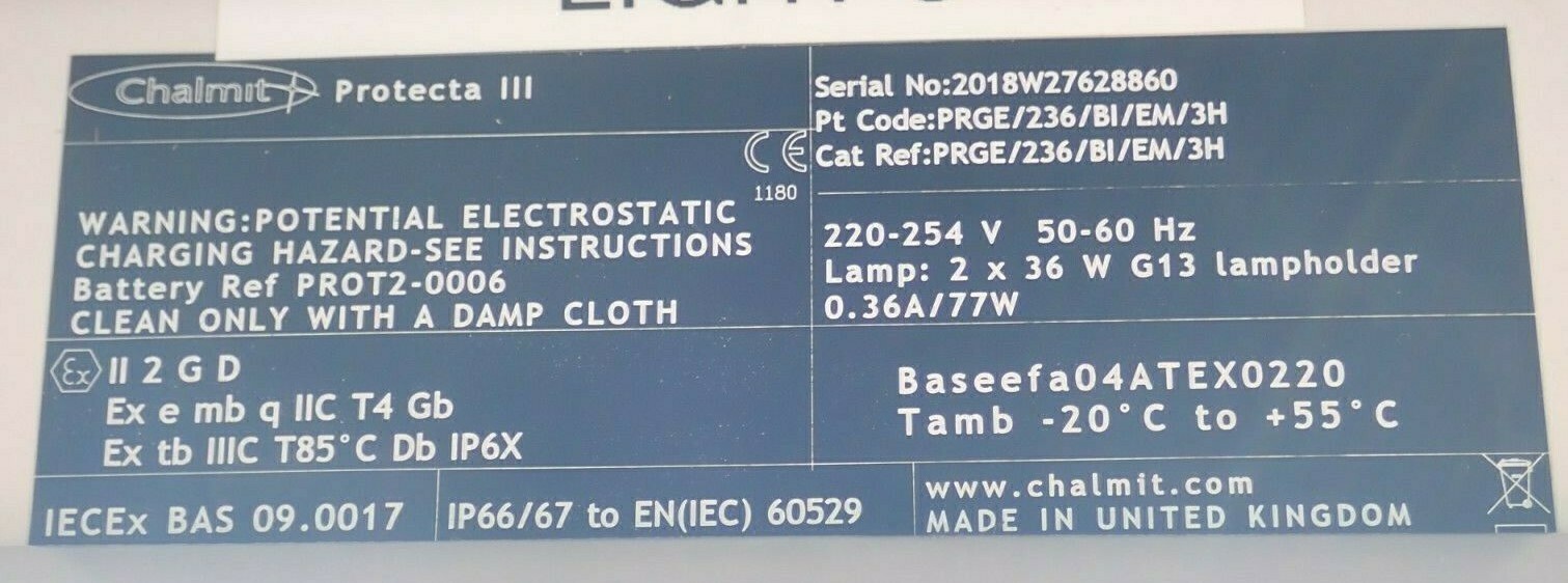 CHALMIT PROTECTA III PRGE/236/BI/EM/3H EMERGENCY LIGHT BASEEFA04ATEX0220 W CABLE | eBay