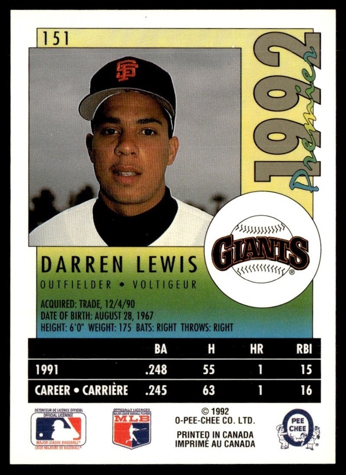 1992 O-Pee-Chee Premier Darren Lewis San Francisco Giants #151 | eBay