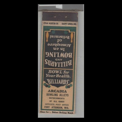 Matchbook Cover 1930s Star Match Co Billiards & Bowling Fort Atkinson ...