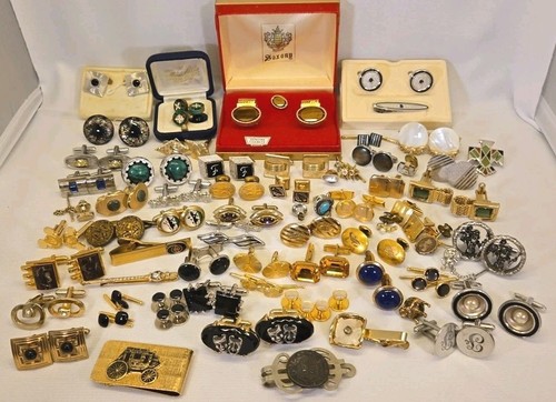 Huge VTG Lot of Mens Cuff Links Tie Tack Clips Bar Silver Gold Tone ...