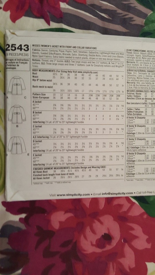 Simplicity Pattern 2543 Five Styles Women's Jackets Size 10 12 14 16 18 ...