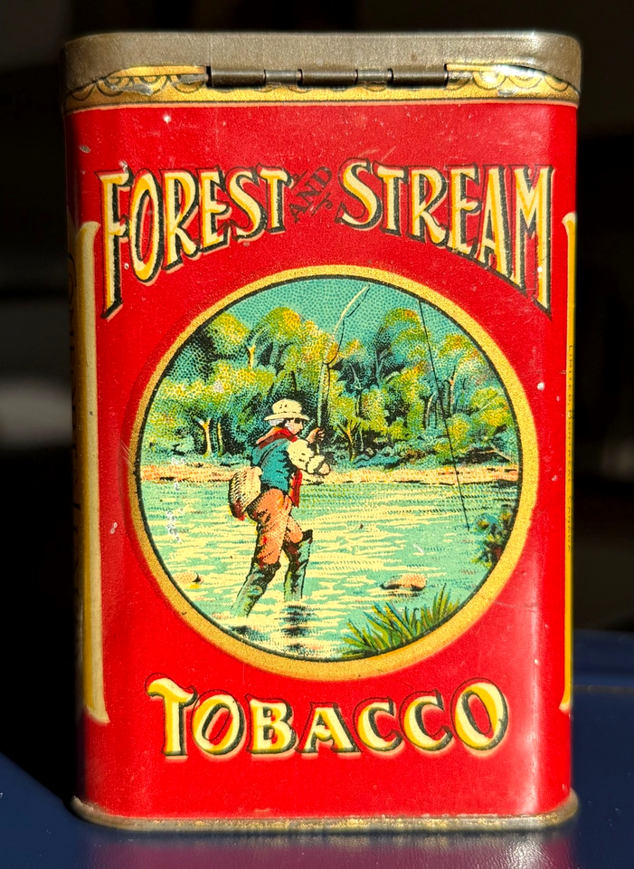 1910's FOREST & STREAM POCKET TOBACCO TIN CAN CANADA FLY FISHING SIGN ...