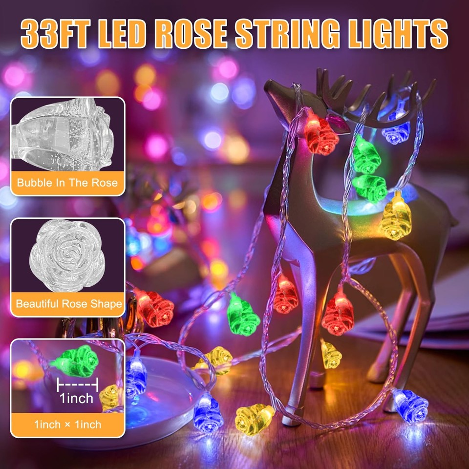String Lights Indoor, 33Ft 80 Rose Flower Lights, 8 Modes Dimmable ...