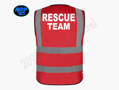 RESCUE TEAM HI-VISIBILITY RED SAFETY VEST REFLECTIVE &POCKETS PRINT ...