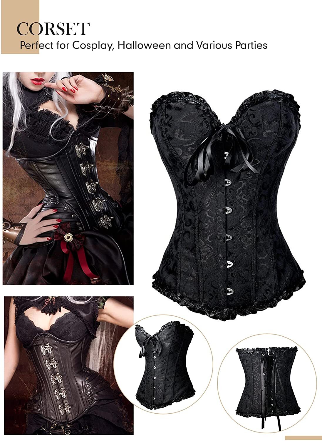 Women Black Overbust Boned Corset Bustier Burlesque Basque Punk Top ...