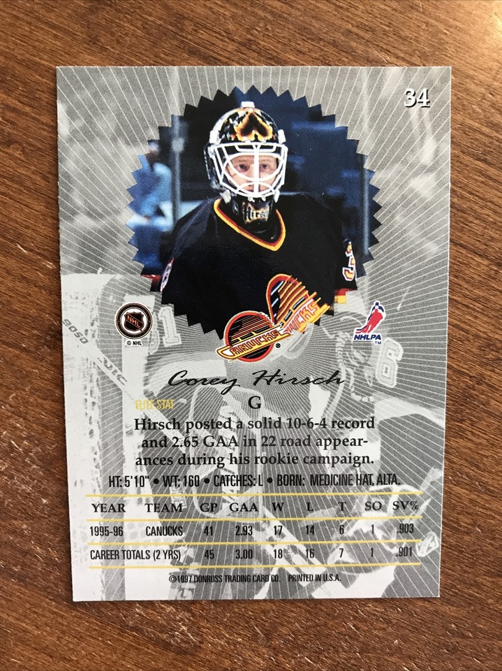 Corey Hirsch 1996-97 Donruss Elite Hockey #34 Vancouver Canucks | eBay