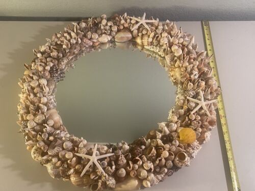 Large Round Sea Shell Frame Wall Mirror Folk Art Handmade Coastal Beach ...