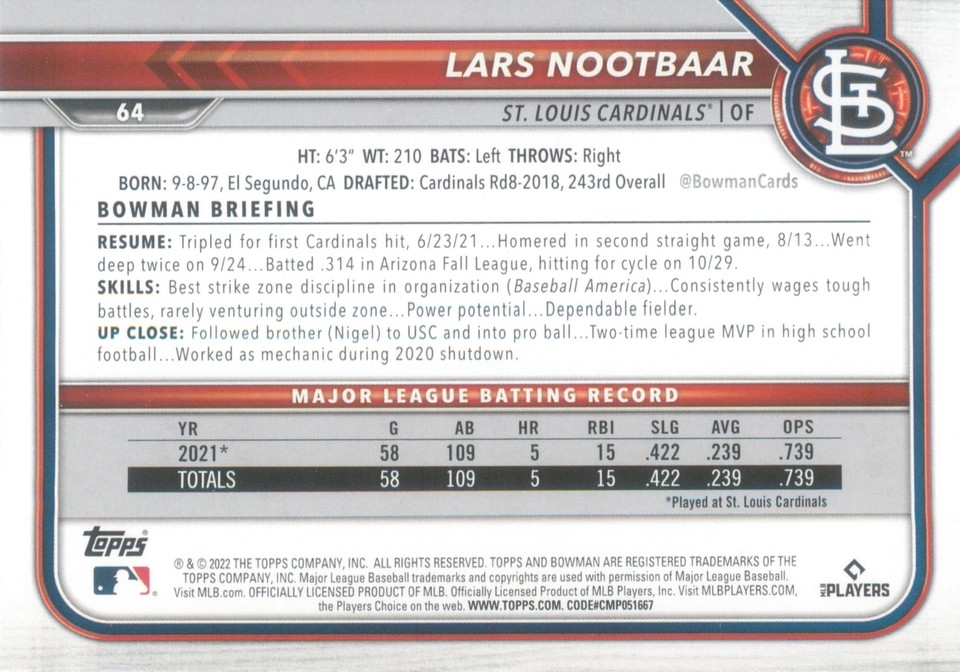 Lars Nootbaar RC 2022 Topps Bowman Baseball Rookie Card #64 St. Louis ...
