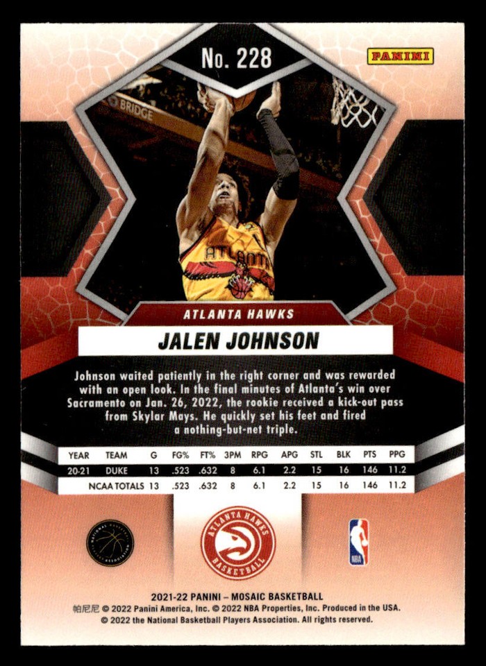 2021-22 Panini Mosaic #228 Jalen Johnson Rookie Card Atlanta Hawks | eBay