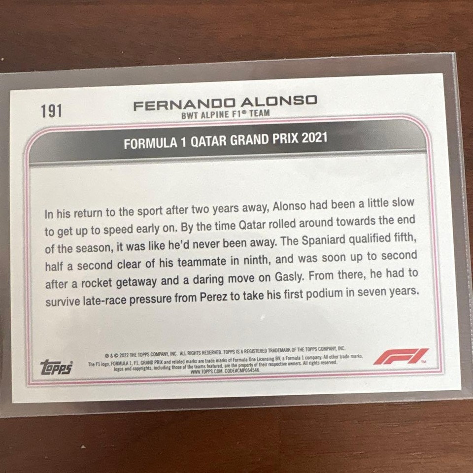 Fernando Alonso BWT Alpine F1 Team Card 2021 Qatar GP Driver of the Day ...