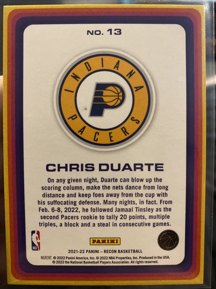 Chris Duarte 2021-22 Recon Rookie RC #13 Silver Holo Indiana Pacers ...