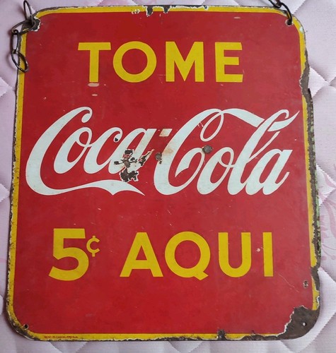 Orig1950 Coke Coca Cola sign doublesided porcelain Spanish Cuban Pre ...